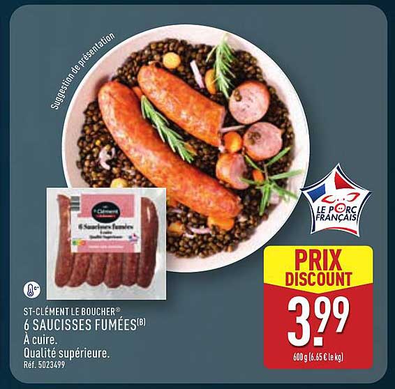 Promo ST-CLÉMENT LE BOUCHER 6 SAUCISSES FUMÉES chez Aldi - iCatalogue.fr