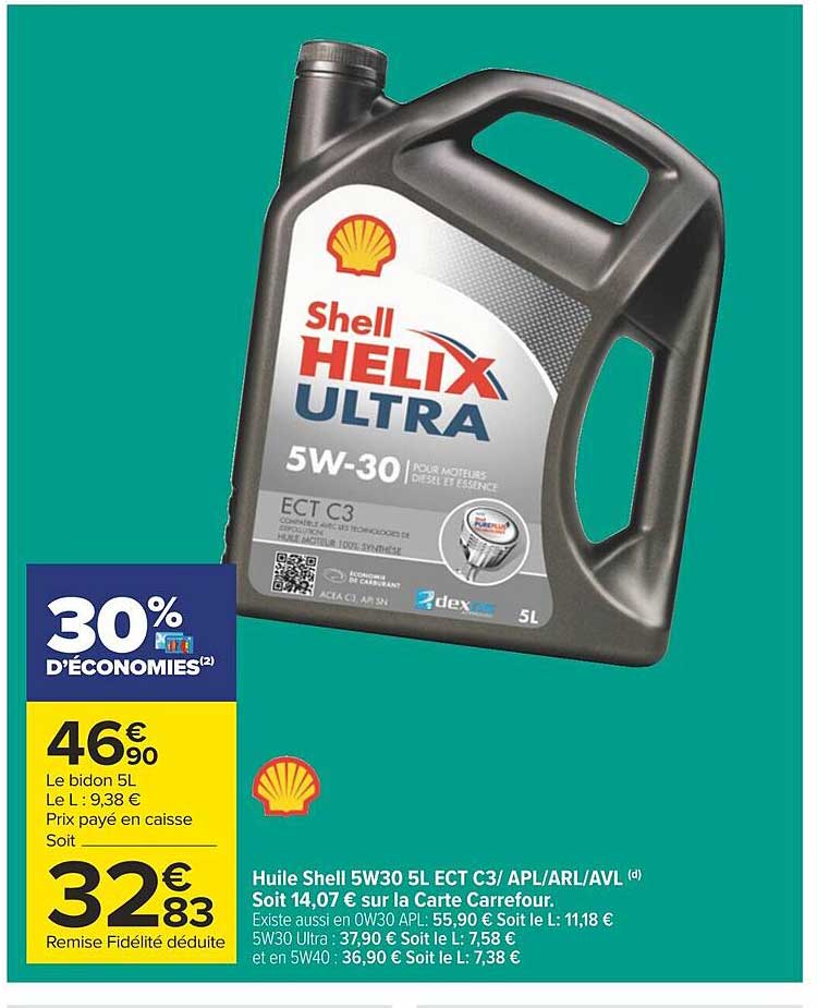 Promo Huile Shell 5w30 5 L Ect C3/apl/arl/avl chez Carrefour ...