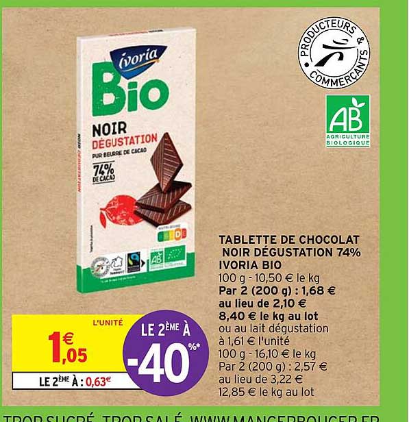 Promo Tablette De Chocolat Noir Dégustation 74% Ivoria Bio chez ...