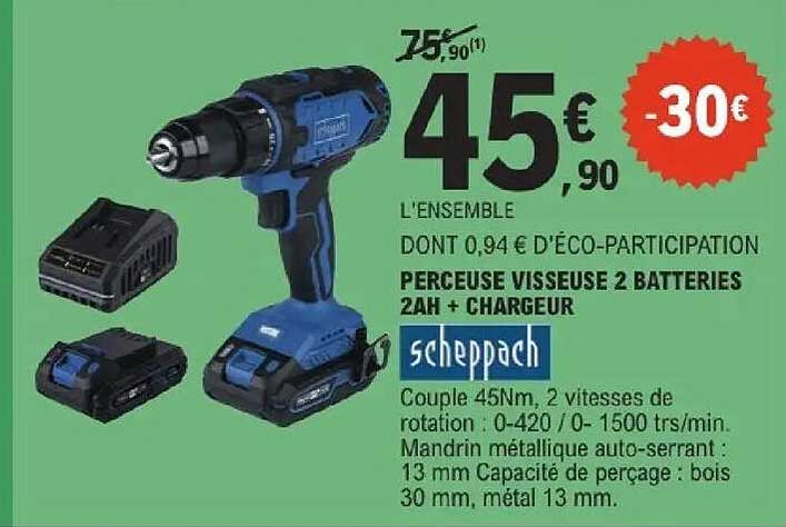 Promo Scheppach Perceuse Visseuse 2 BATTERIES 2AH + CHARGEUR chez E ...