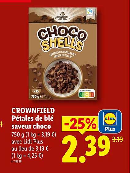 Promo CROWNFIELD Pétales De Blé Saveur Choco chez Lidl - iCatalogue.fr