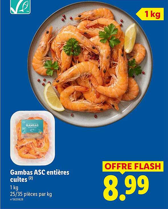 Promo Gambas ASC Entières Cuites chez Lidl - iCatalogue.fr