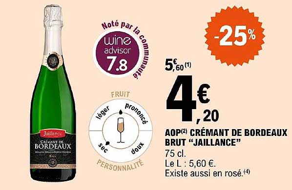 Promo Aop Crémant De Bordeaux Brut Jaillance -25% chez E.Leclerc ...