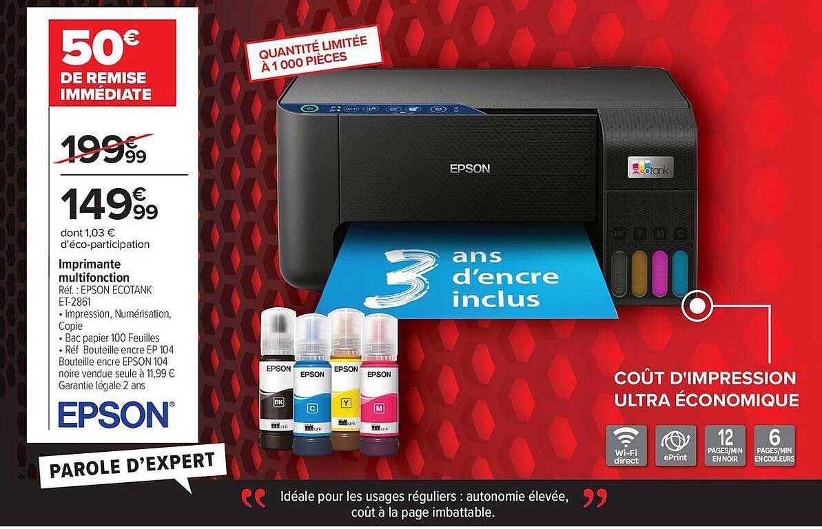 Promo Epson ECOTANK ET-2861 chez Carrefour - iCatalogue.fr
