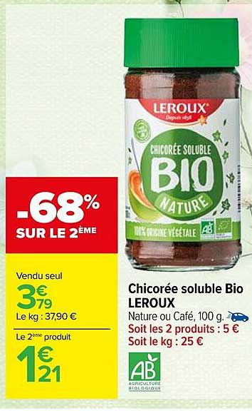 Promo Chicorée Soluble Bio Leroux chez Carrefour Market - iCatalogue.fr