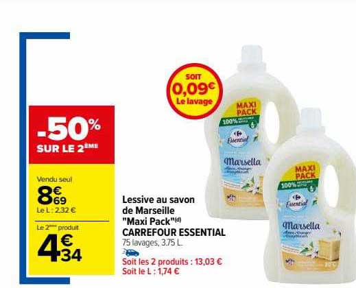 Promo Lessive Au Savon De Marseille "maxi Pack" Carrefour Essential ...