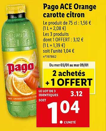 Promo Pago Ace Orange Carotte Citron chez Lidl - iCatalogue.fr
